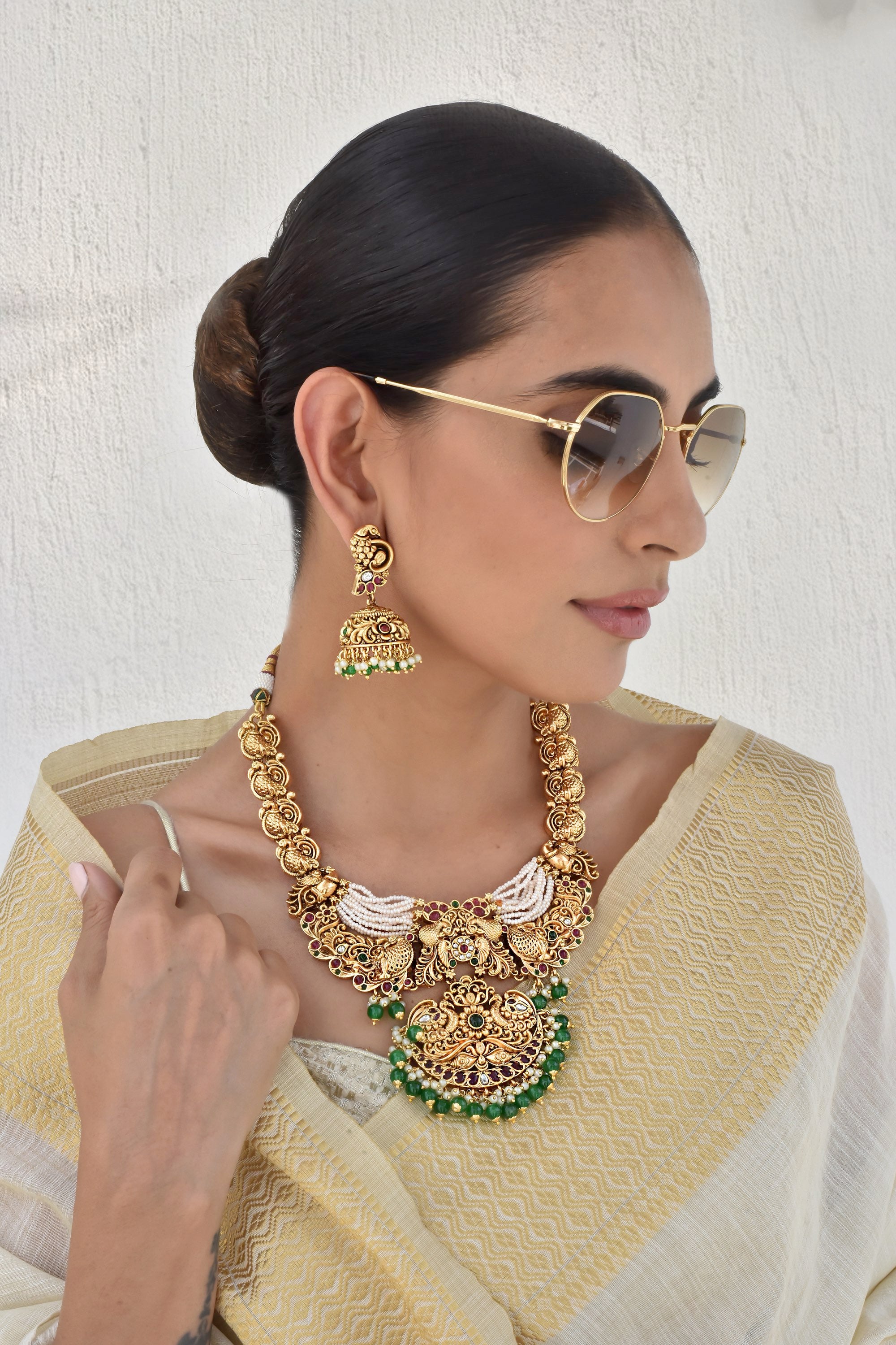 Falguni Multicolour Temple Work Necklace Set - Swabhimann Jewellery ...