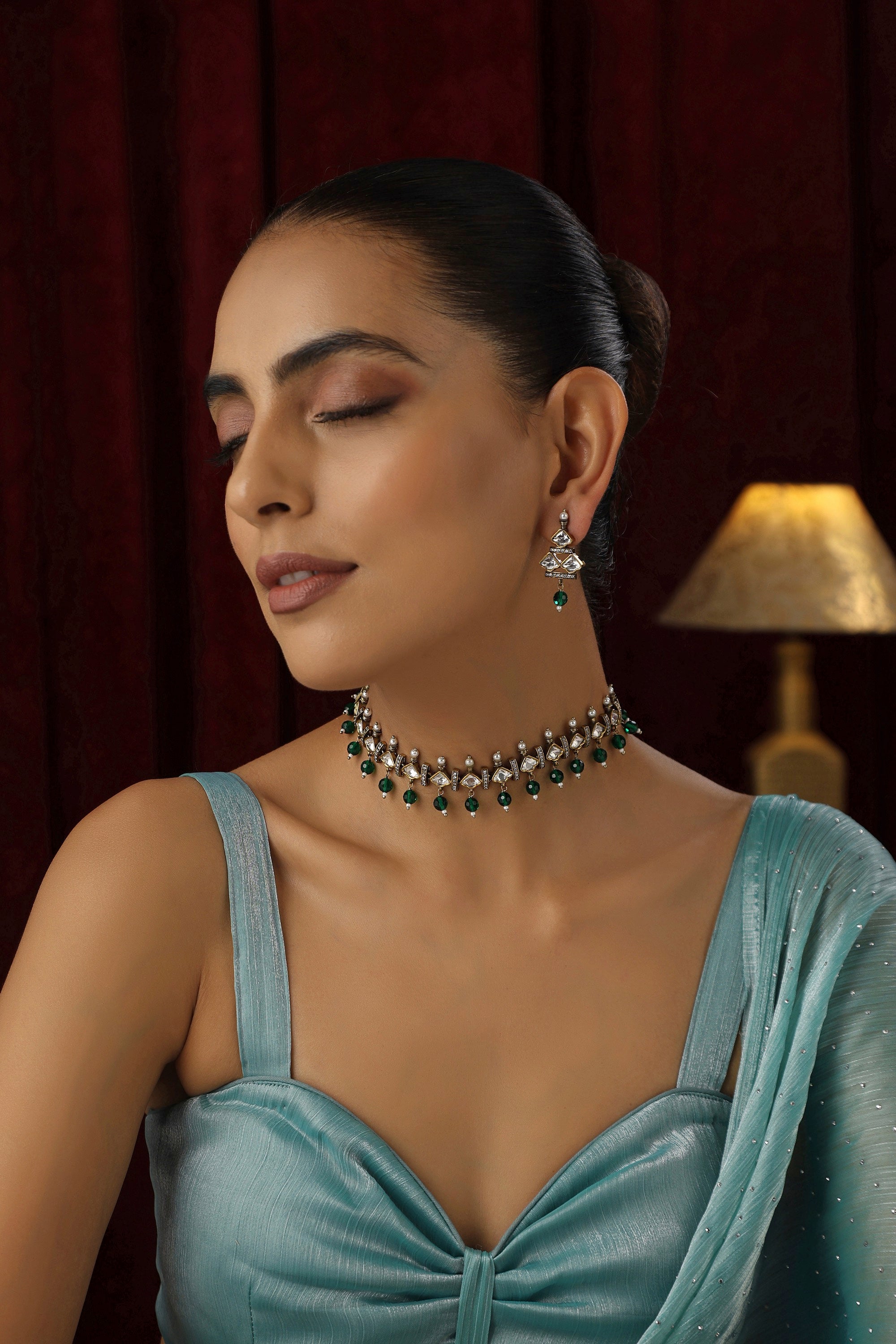 Taia Green Polki Necklace Set - Swabhimann Jewellery – SWABHIMANN