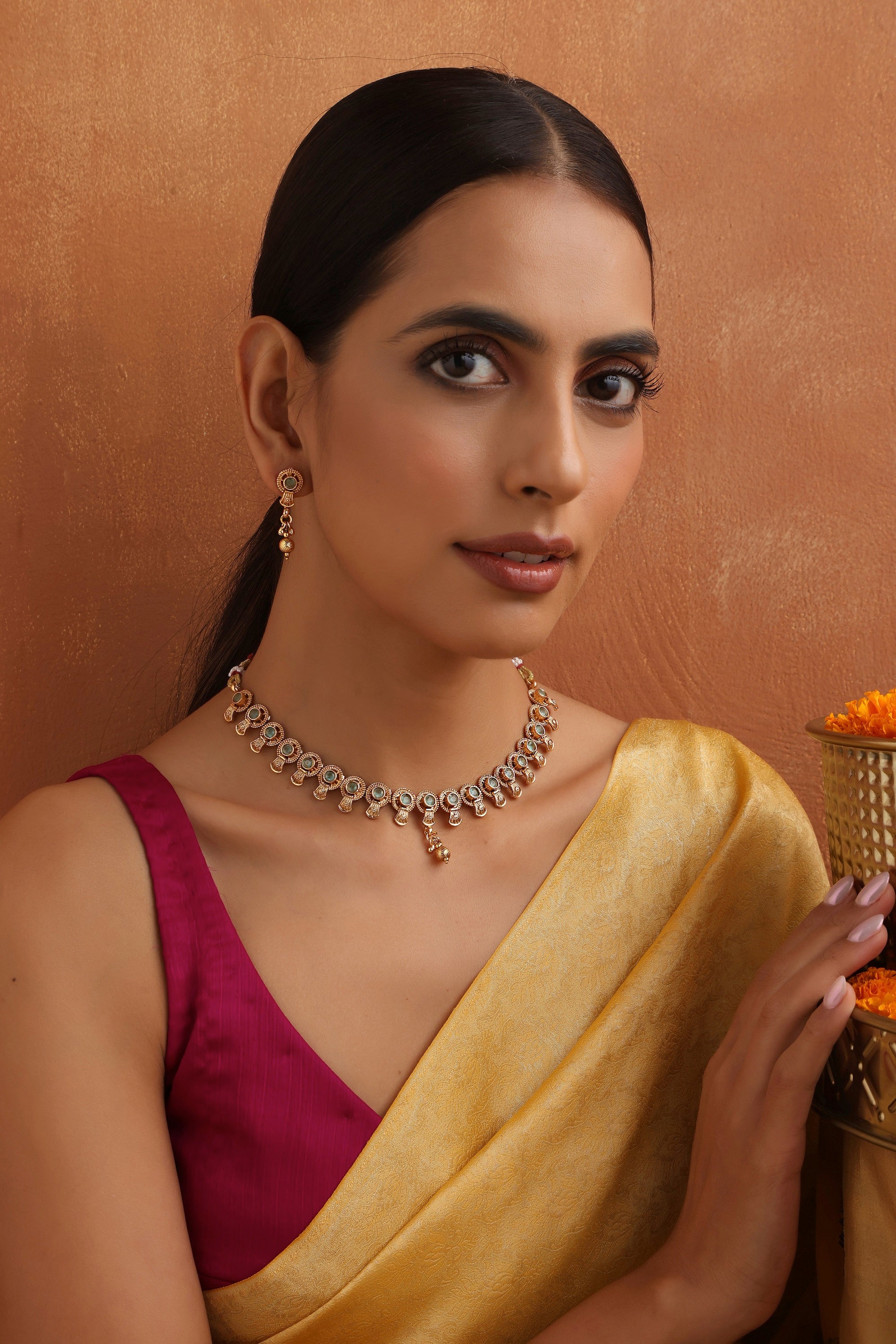 Manika Mint Temple Necklace Set - Swabhimann Jewellery – SWABHIMANN